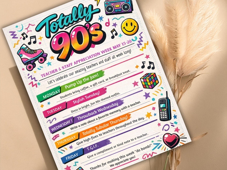 80s 90s Theme Teacher Appreciation Week Itinerary Take Home Flyer ...