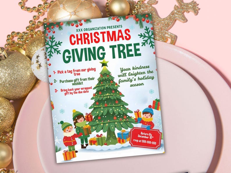 Christmas Giving Tree Fundraiser Flyer | Angel Tree Charity Poster ...