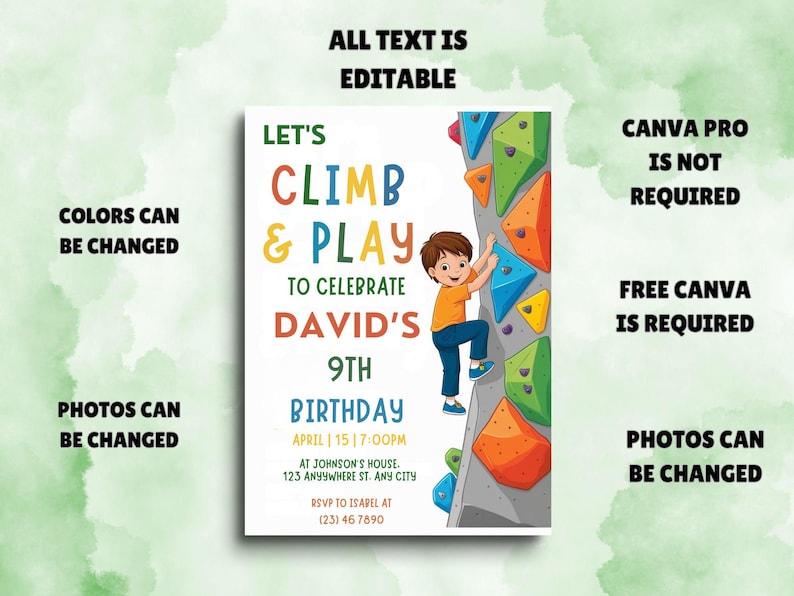 Editable Boy Rock Climbing Birthday Invitation, Printable Rock Wall ...