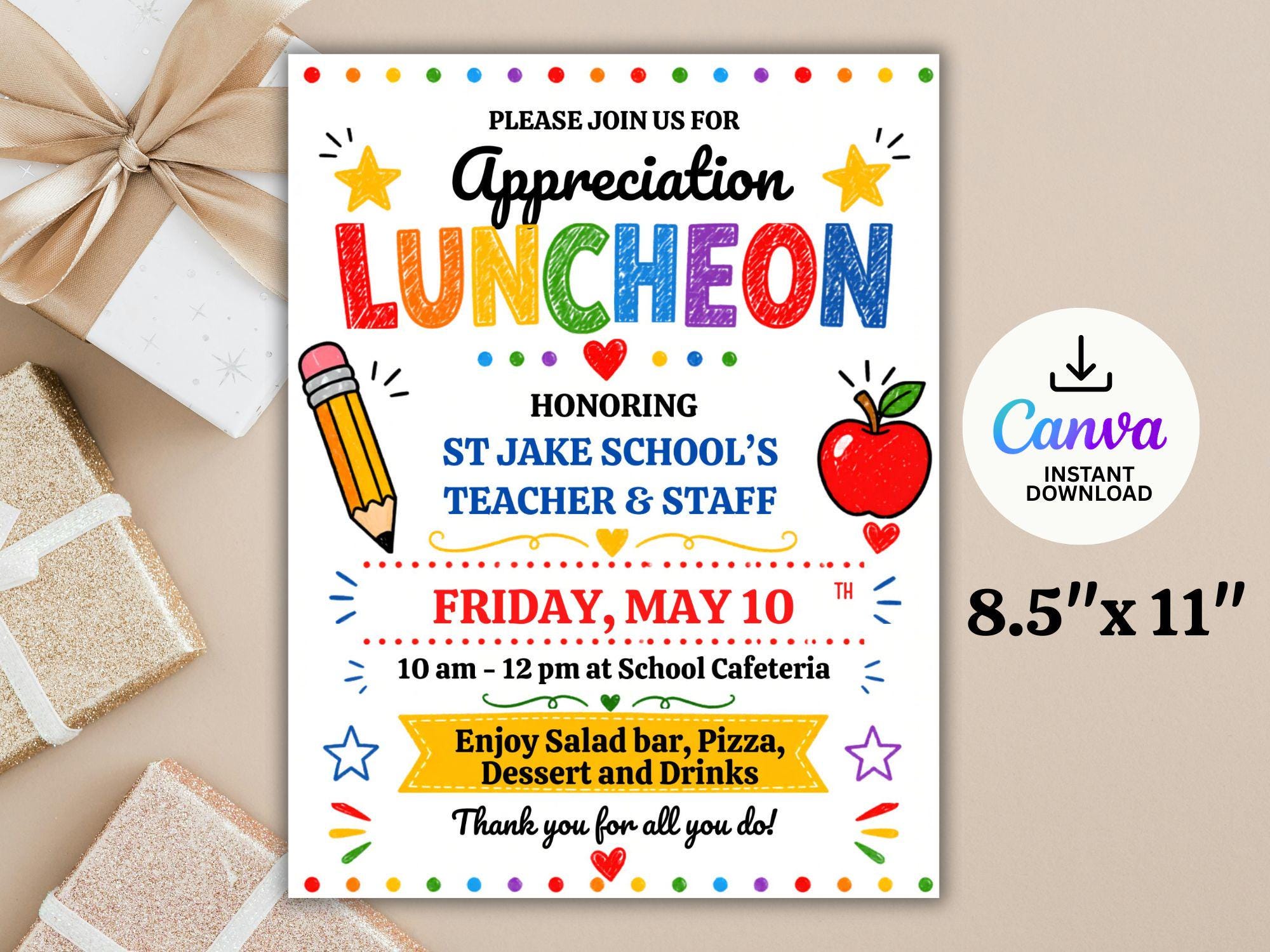 Editable Teacher Staff Appreciation Luncheon Invitation- Canva Template ...