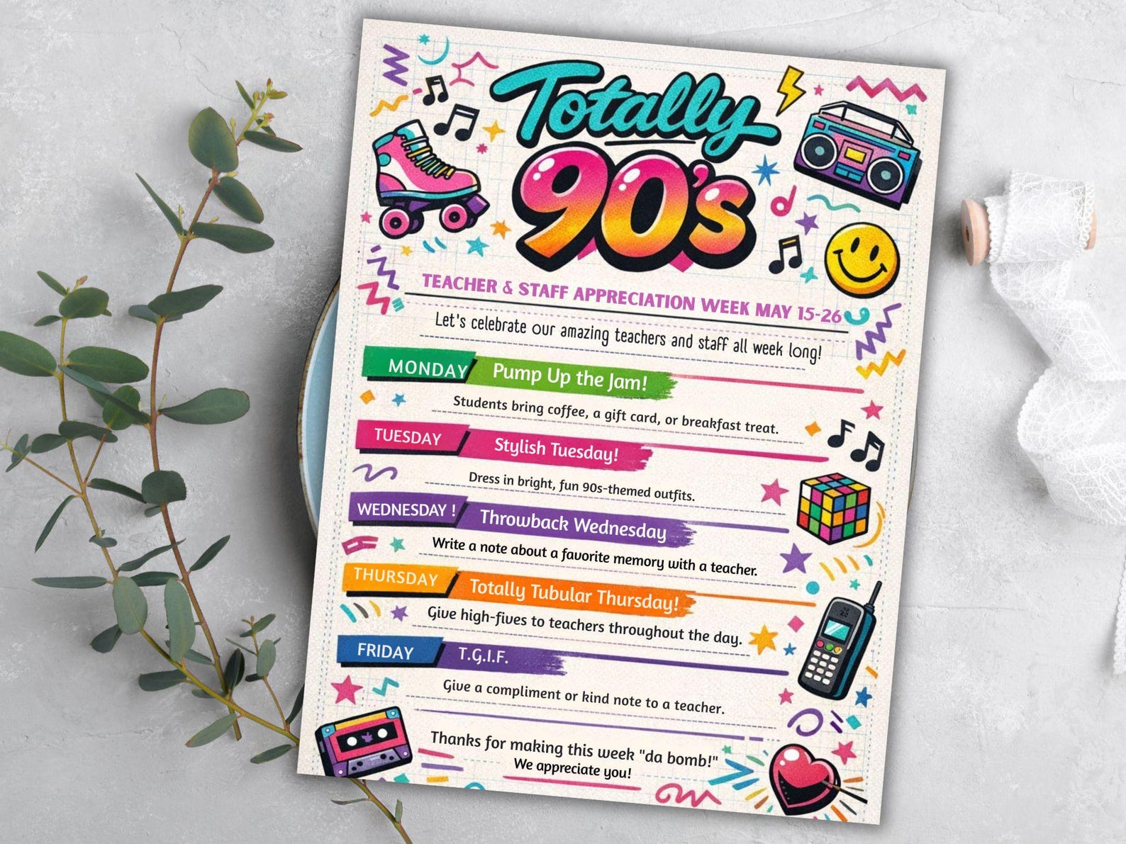 80s 90s Theme Teacher Appreciation Week Itinerary Take Home Flyer ...