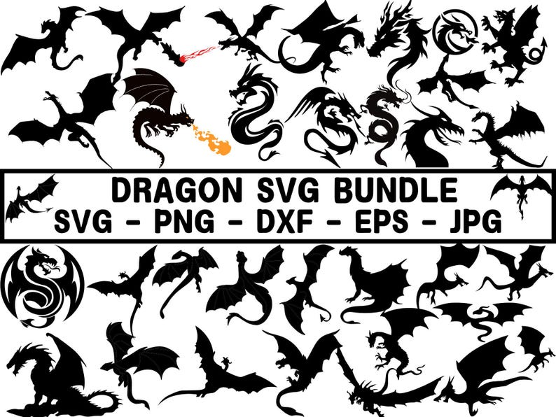 Dragon SVG Bundle: Silhouette Clipart, Tattoo Cut File (digital ...