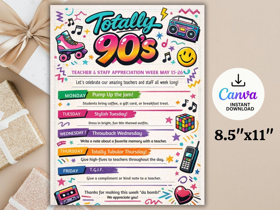 80s 90s Theme Teacher Appreciation Week Itinerary Take Home Flyer ...