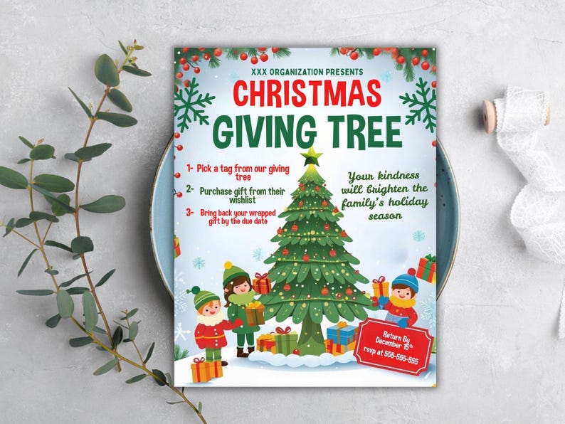 Christmas Giving Tree Fundraiser Flyer | Angel Tree Charity Poster ...