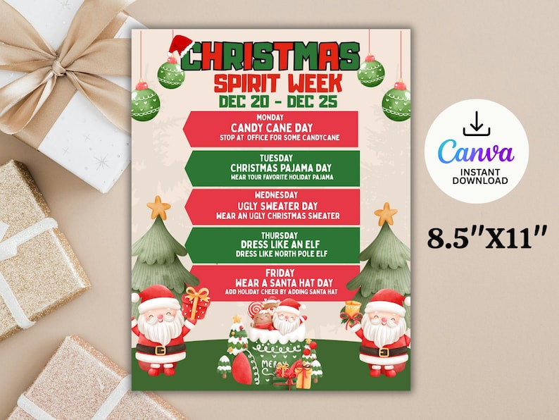 Editable Christmas Spirit Week Itinerary: School Holiday Planner (CANVA ...