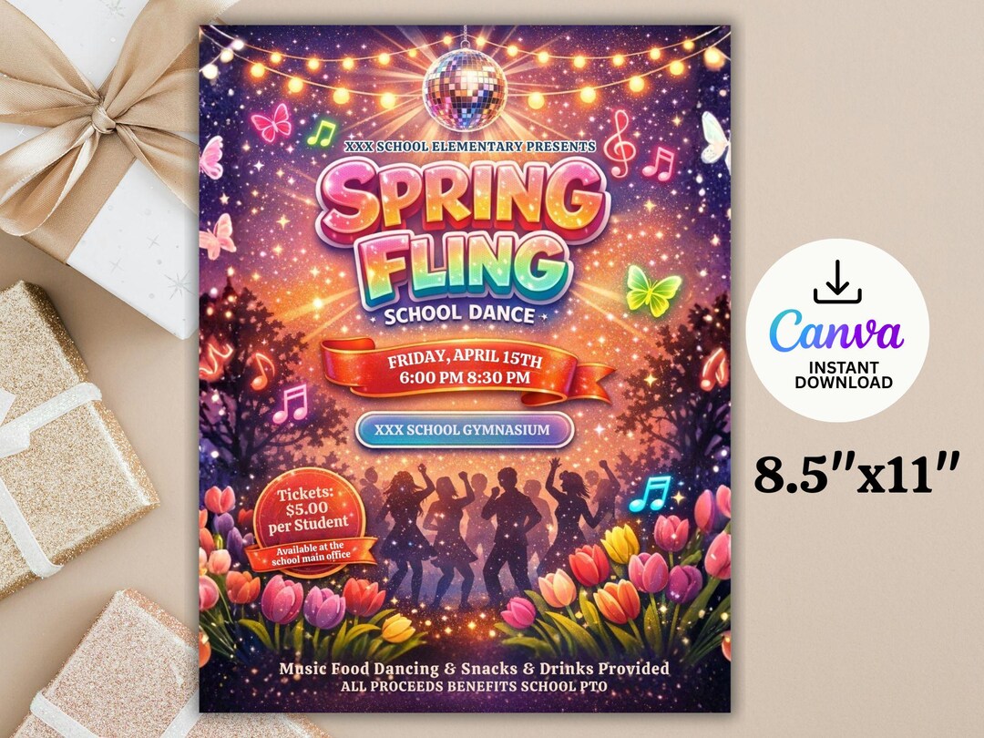 Spring Fling Flyer: School Dance Invitation Template (canva, PDF) - Etsy