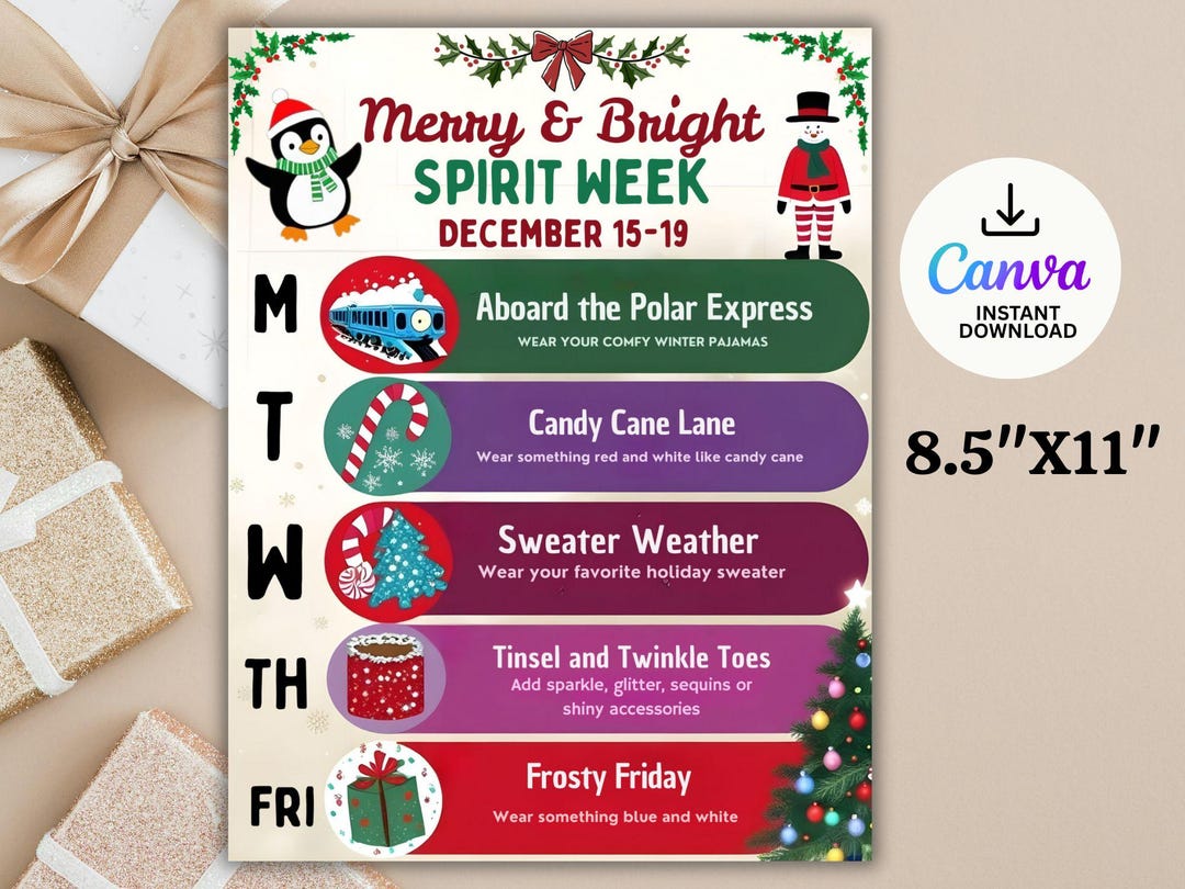 Holiday Spirit Week Flyer | Editable Canva Template (digital Download ...