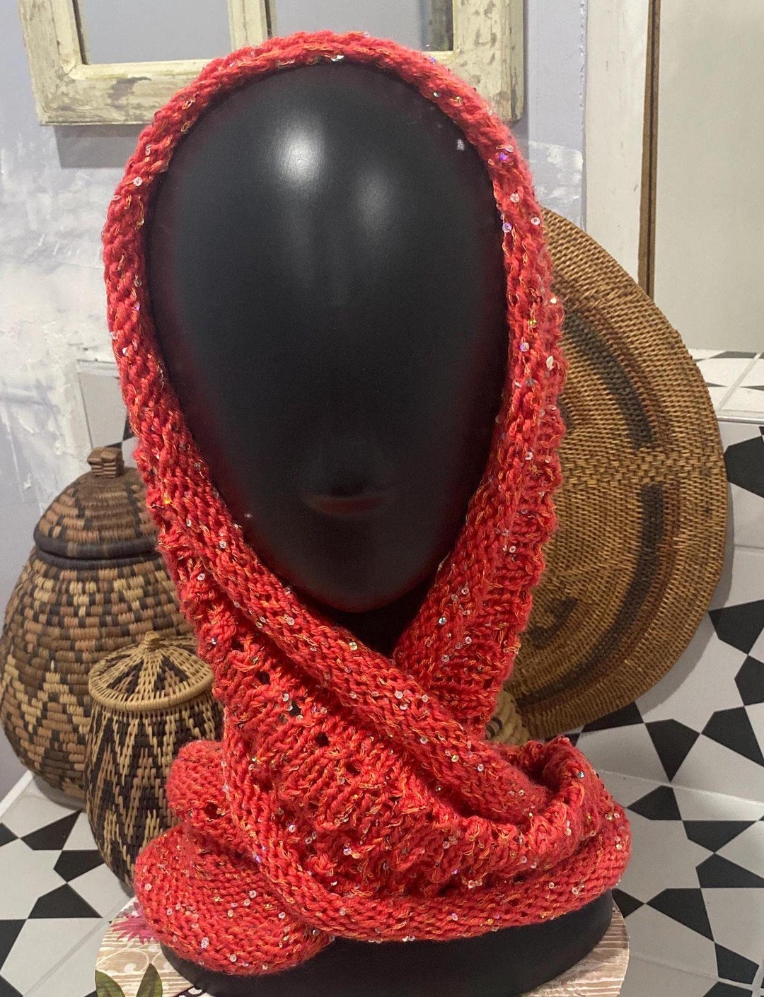 Beautiful Cowl Head and Neck Warmer Unique Yarn Reddish Orange With ...