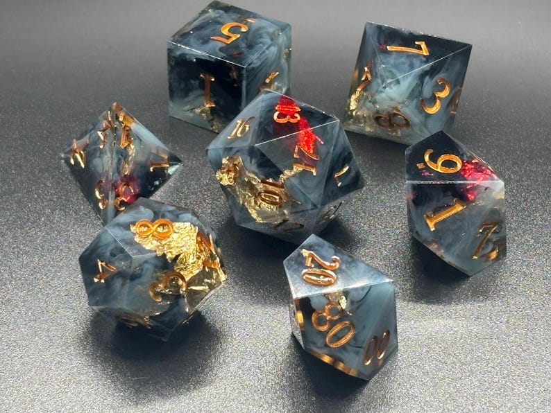 Hades Black Gold Red Transparent Handmade Resin Sharp-edge Dice Set Dnd ...