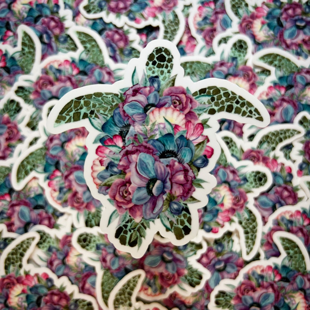Sea Turtle Flowers Weatherproof Vinyl Sticker - Unique, Fun Sticker for ...