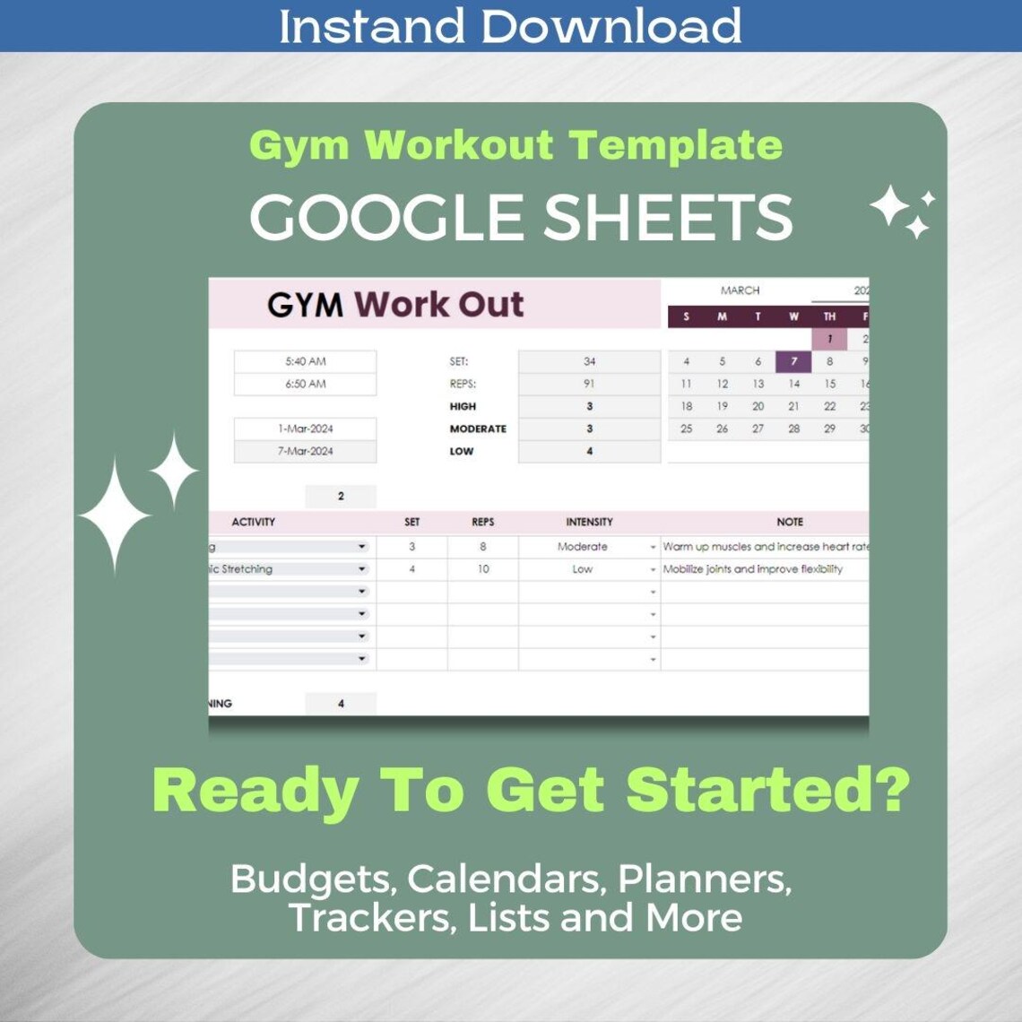Gym Workout Template, Google Sheets Fitness Planner,exercise Log for ...