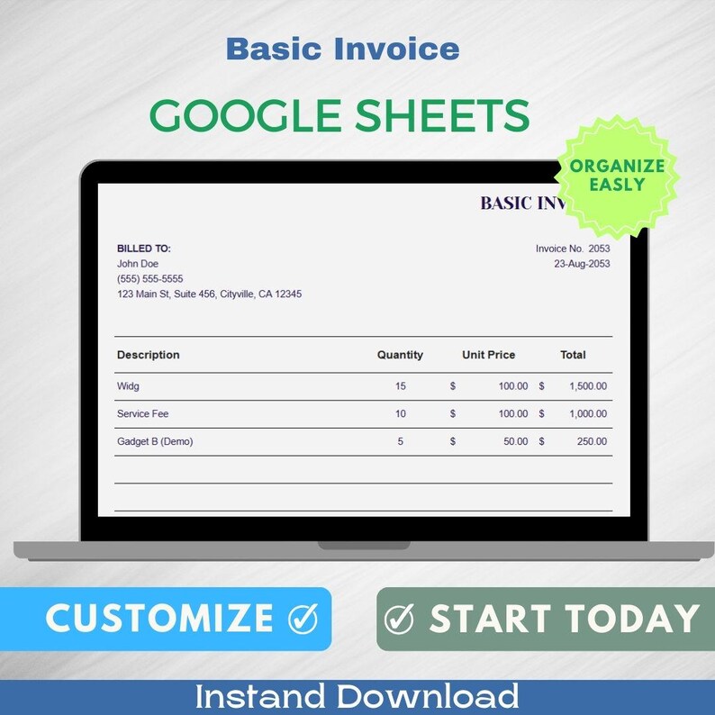 Basic Invoice Template, Editable and Easy to Use, Digital Download, Google Sheets for Simple ...