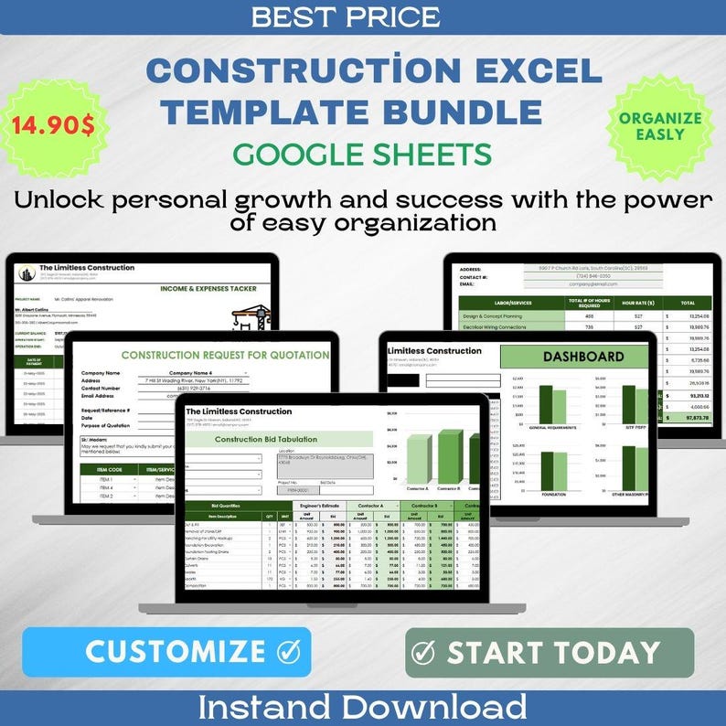 Construction Excel Templates Bundle, Editable Project Planning ...