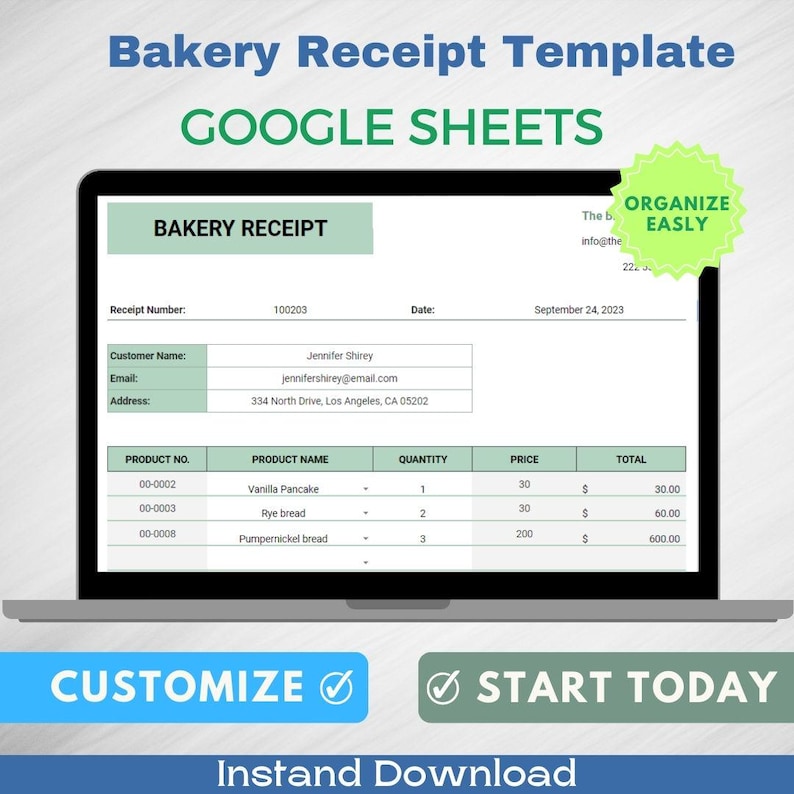 Bakery Receipt Template, Editable Google Sheets, Digital Download, Easy ...