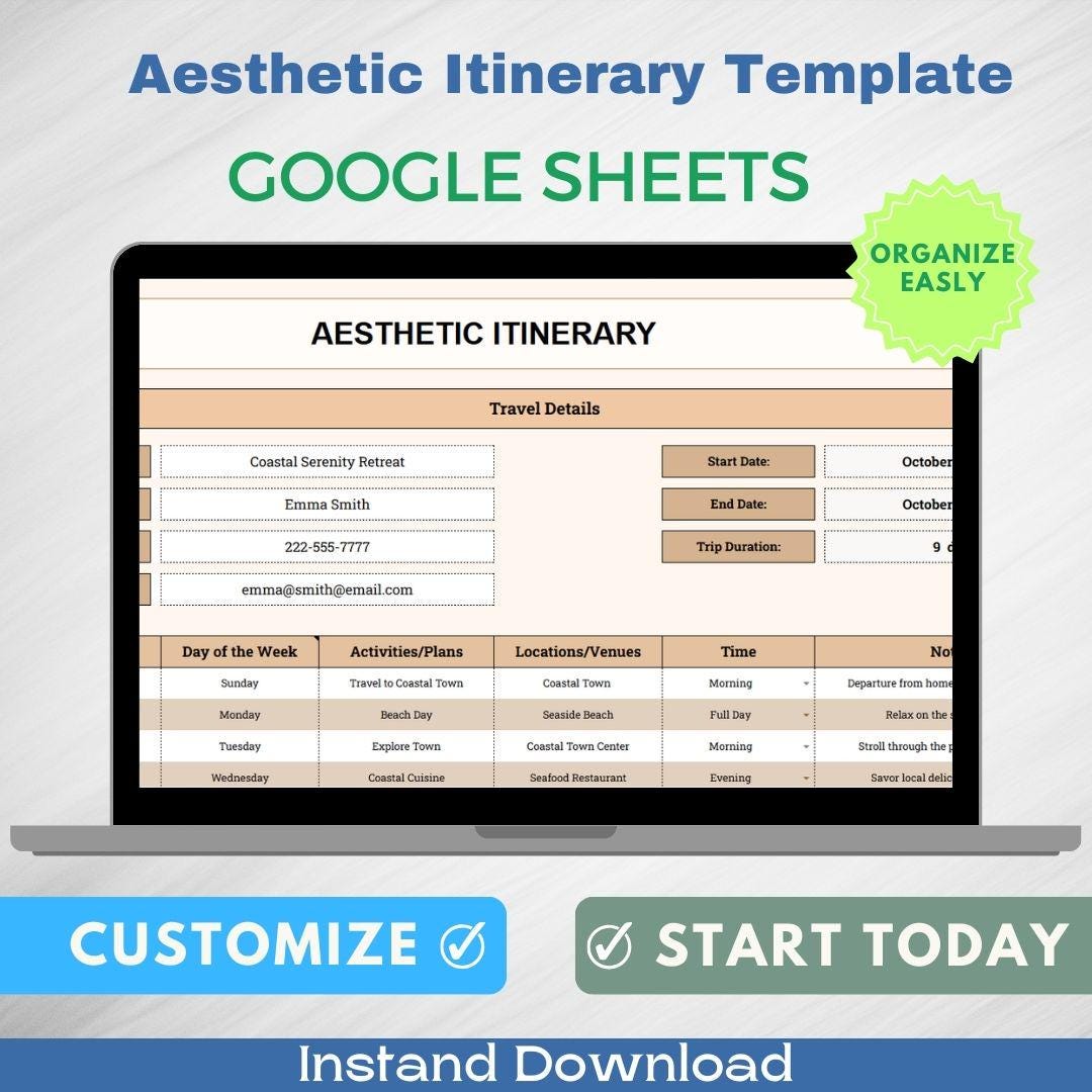 Aesthetic Itinerary Template, Editable Google Sheets, Easy to Use ...