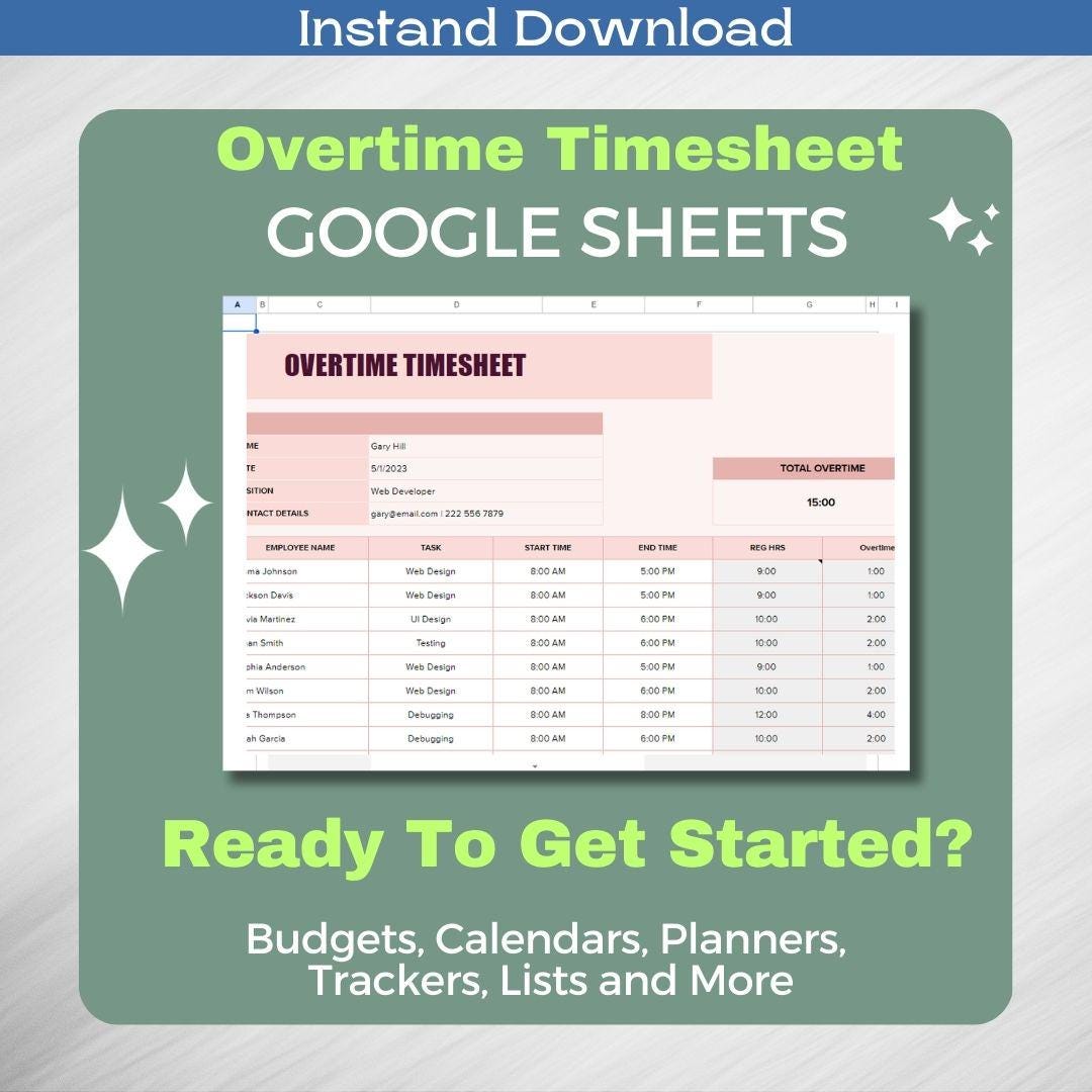 Overtime Timesheet Template, Google Sheets Work Hours Tracker, Employee ...