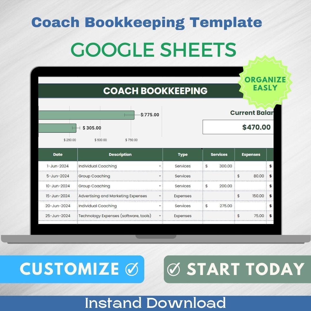 Coach Bookkeeping Template - Editable Google Sheets for Financial ...