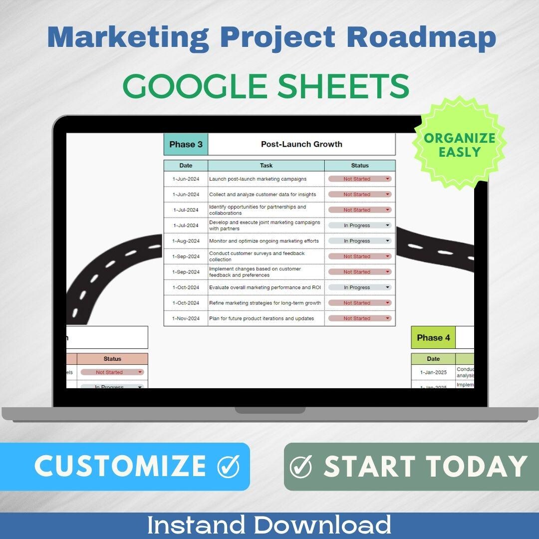 Marketing Project Roadmap Template, Editable Google Sheets, Digital Download, Easy to Use ...