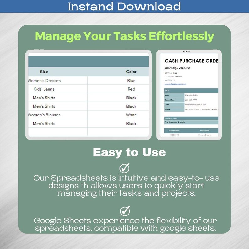 Cash Purchase Order Template,google Sheets for Small Business Owners ...