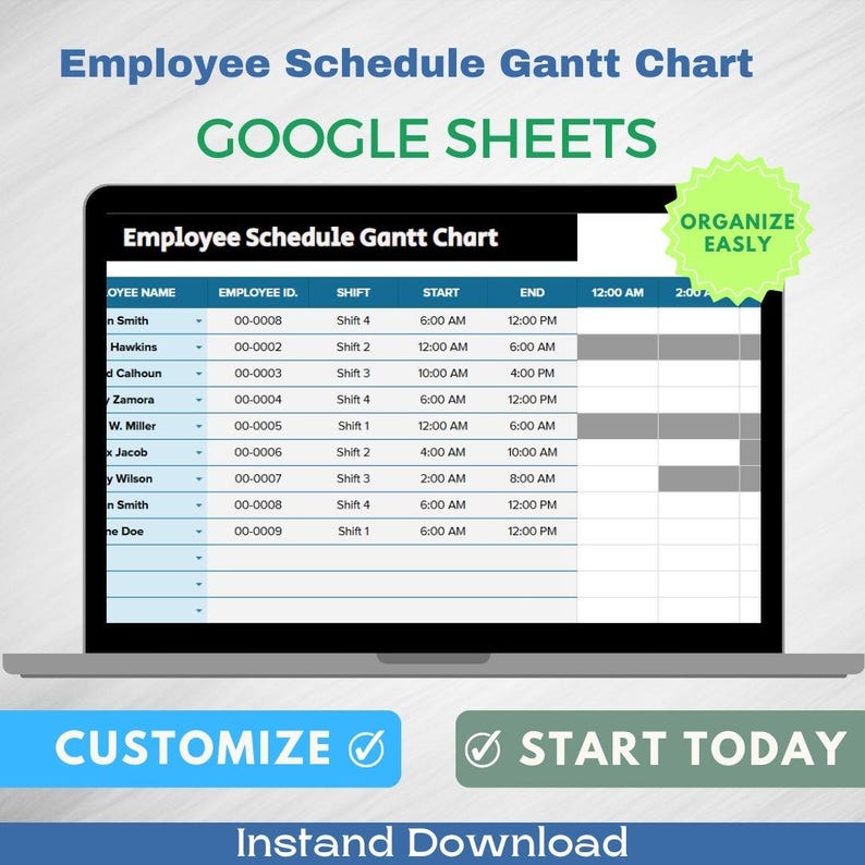 Employee Schedule Gantt Chart Template, Digital Download, Editable ...