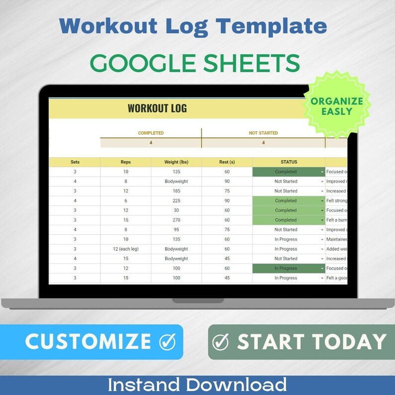 Workout Log Template, Google Sheets Fitness Tracker, Exercise Journal ...