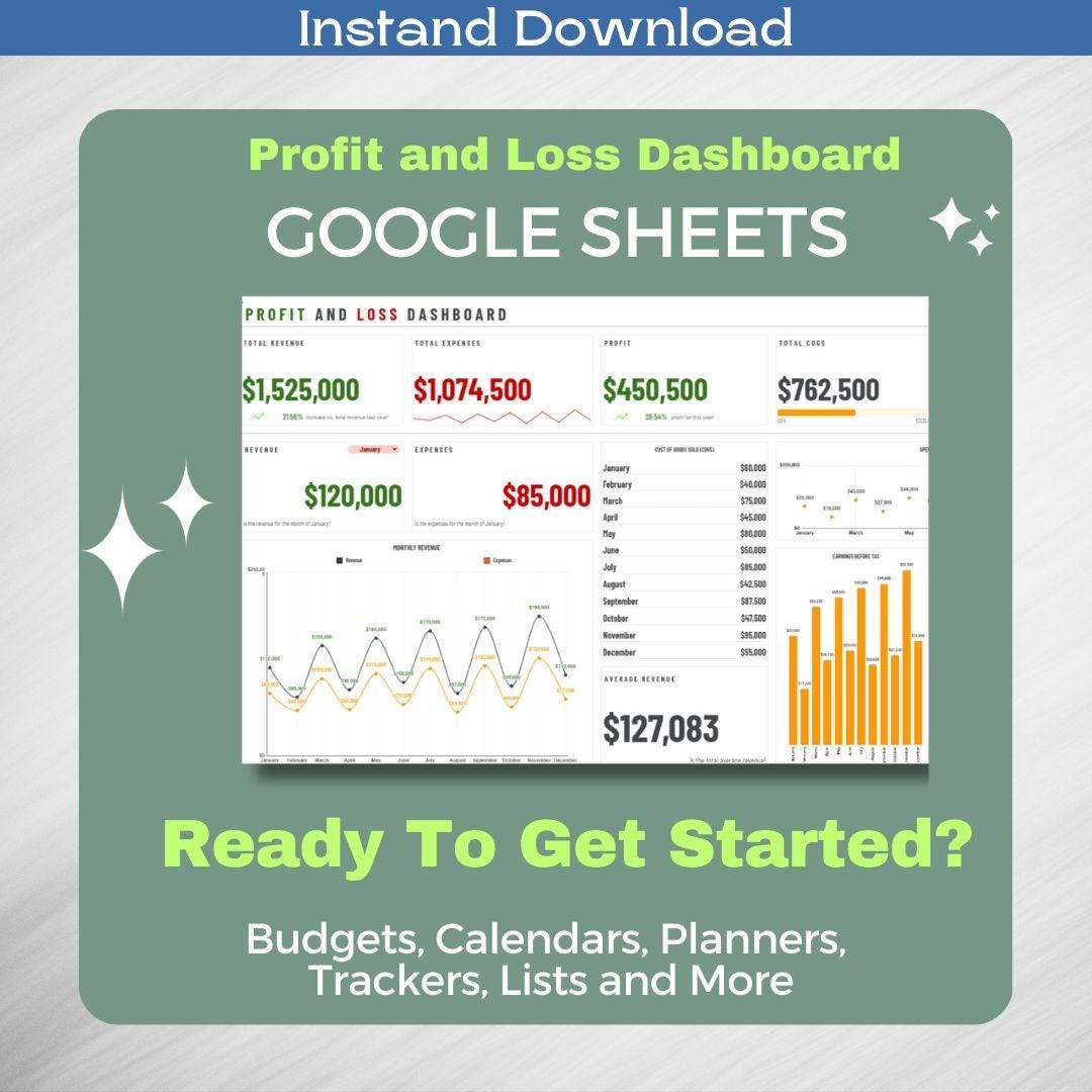 Profit and Loss Dashboard Template, Editable Google Sheets, Digital Download, Easy Financial ...