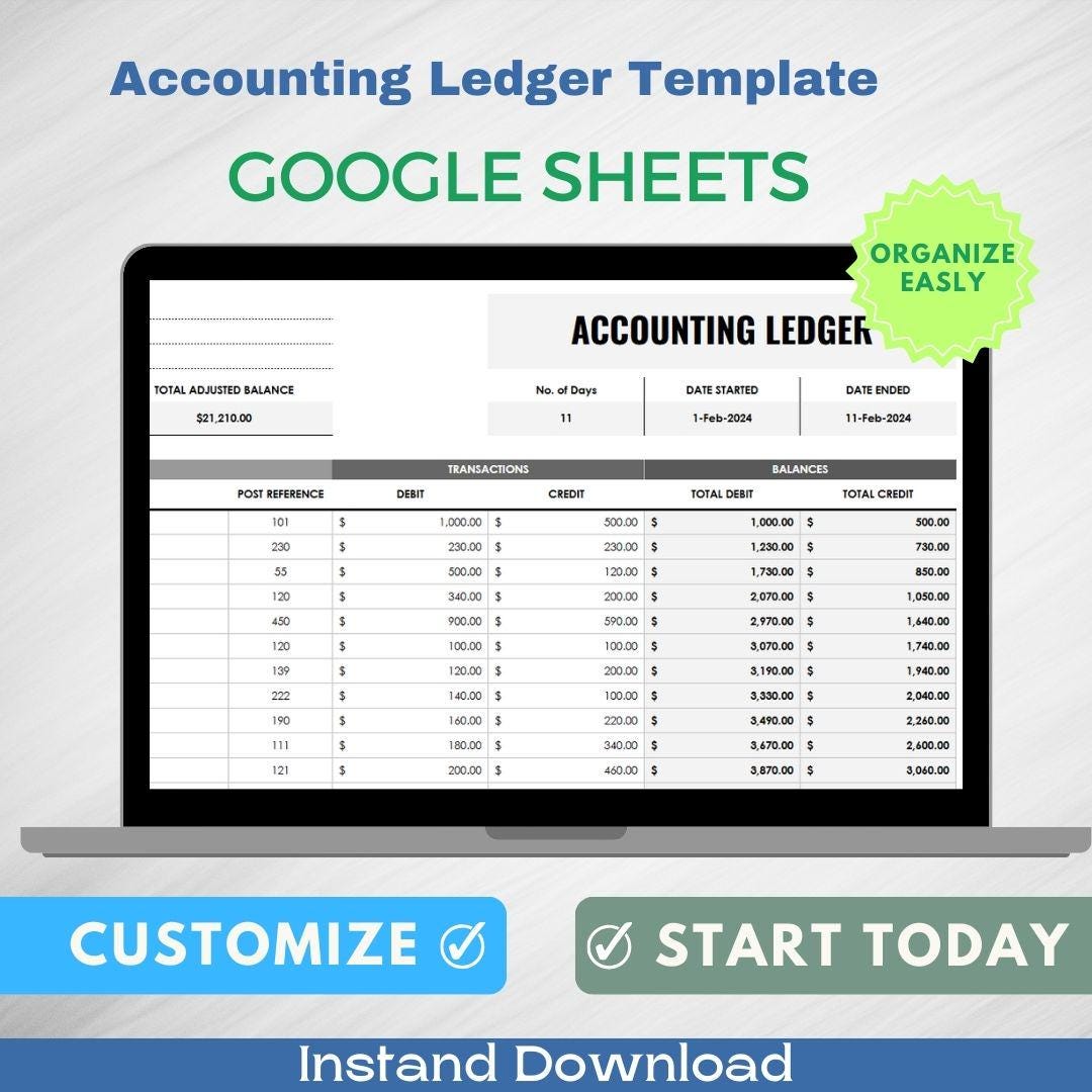 Accounting Ledger Template, Editable Google Sheets,digital Download for ...