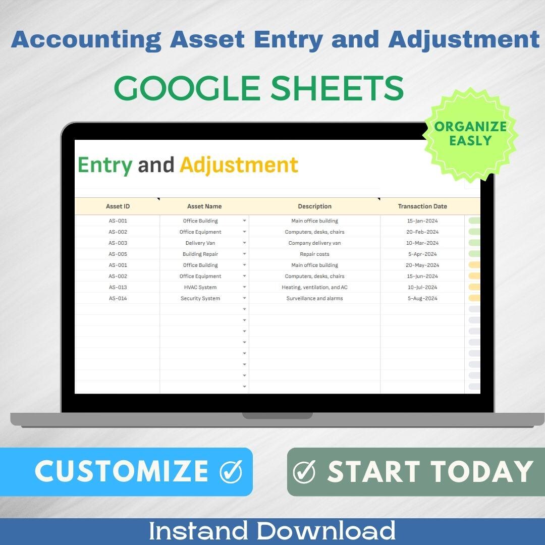 Accounting Asset Entry and Adjustment Template, Editable Google Sheets, Digital Download for ...