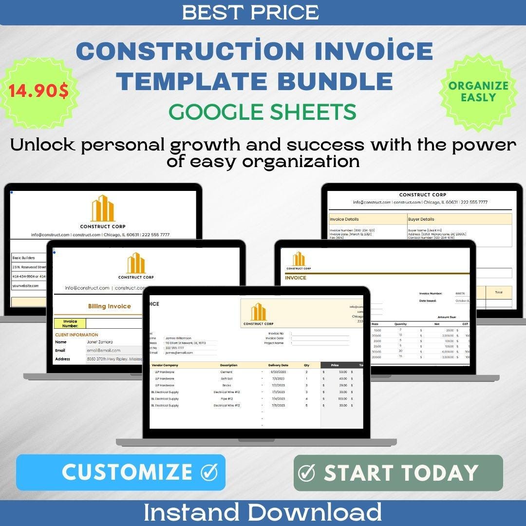Construction Invoice Template Bundle, Editable Google Sheets ...