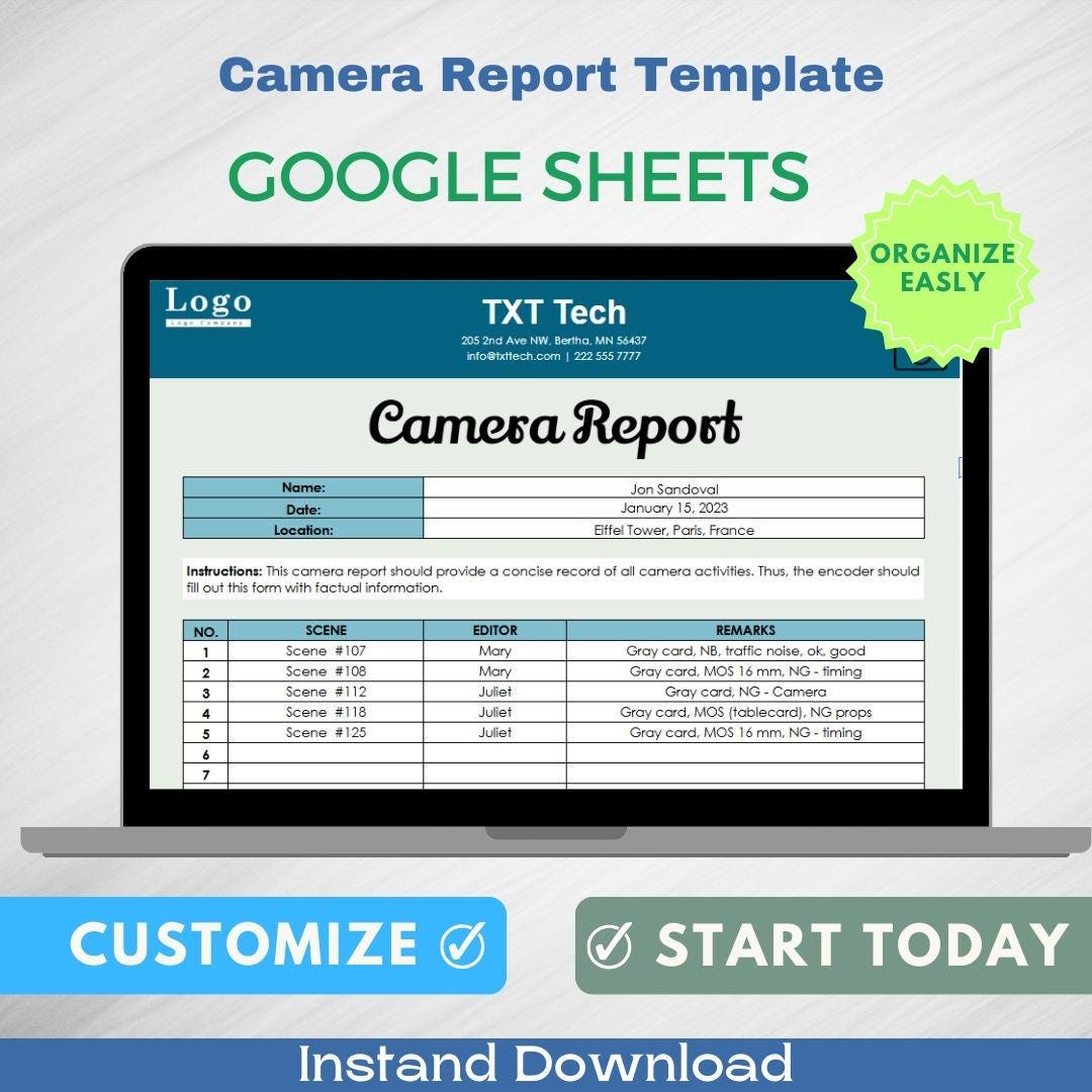 Camera Report Template, Editable Google Sheets, Digital Download for Photography and Film ...