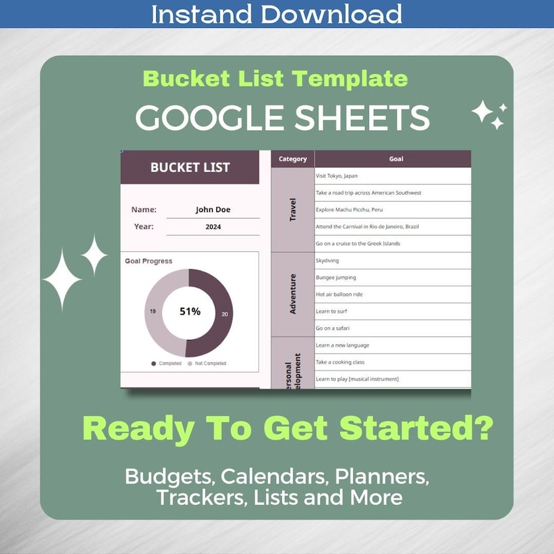 Bucket List Template, Google Sheets Planner,life Goals Tracker, Dream ...