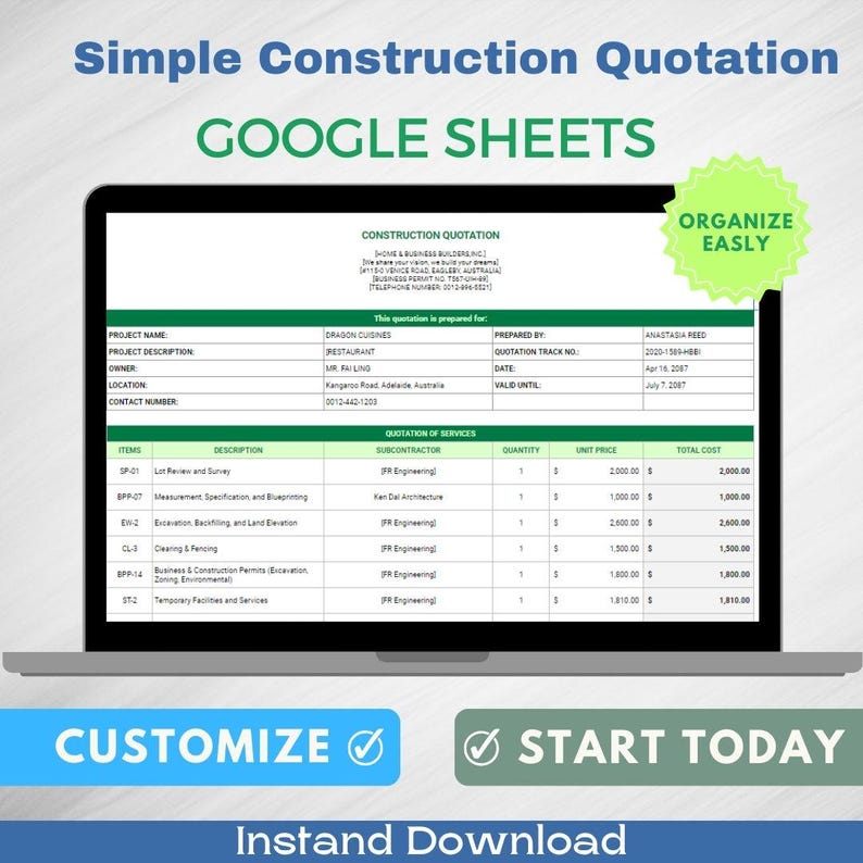 Simple Construction Quotation Templates - Editable Google Sheets for ...