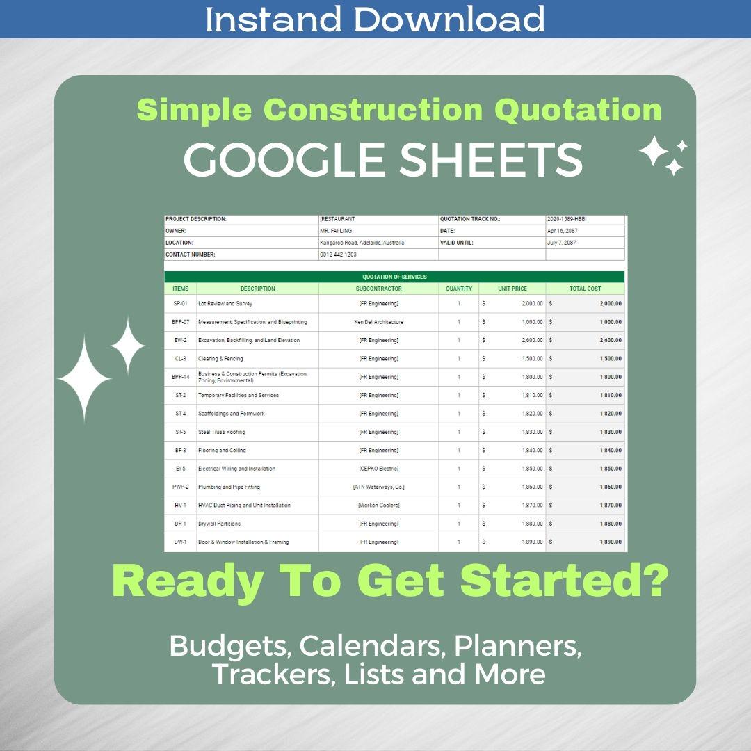 Simple Construction Quotation Templates Editable Google Sheets for ...