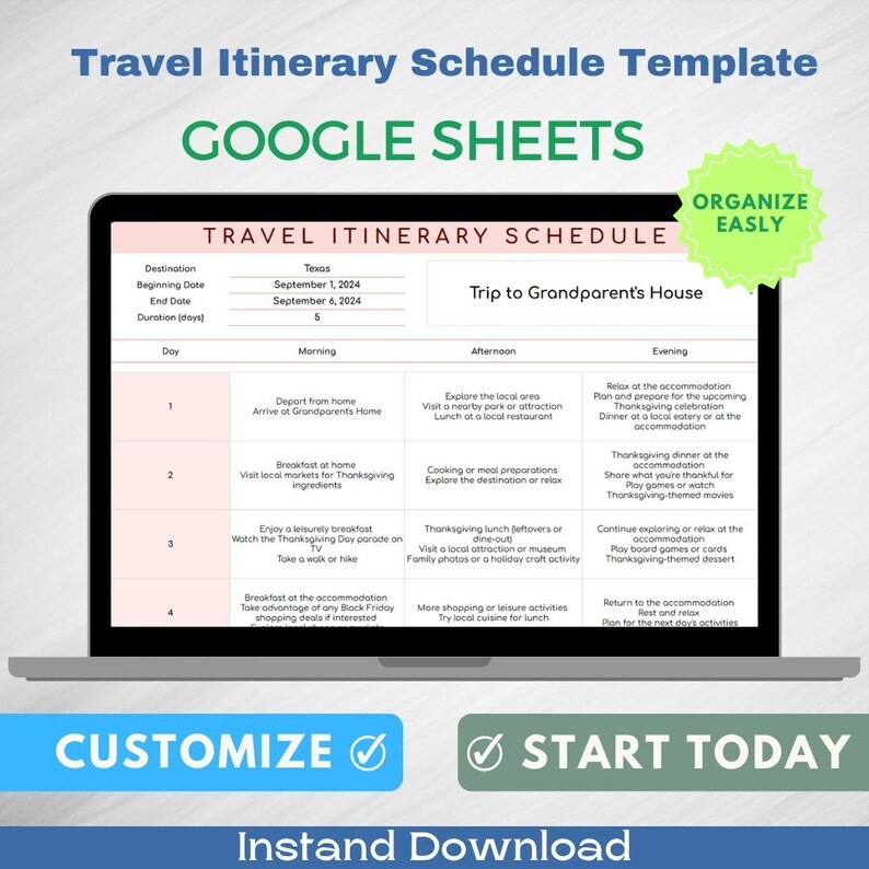 Travel Itinerary Schedule Template, Editable Google Sheets, Easy to Use ...