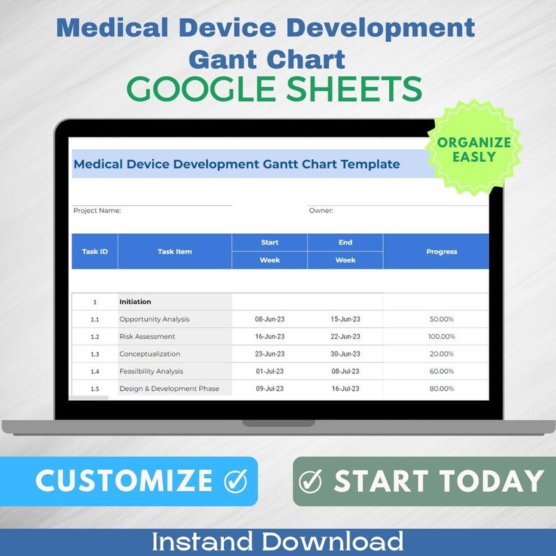 Medical Device Development Gantt Chart Template - Editable Google ...