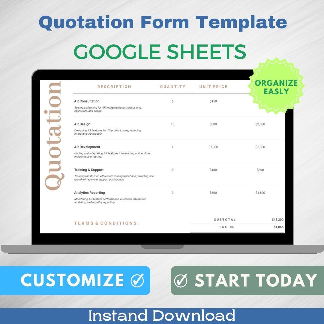 Quotation Form Template, Google Sheets for Small Business, Customizable ...