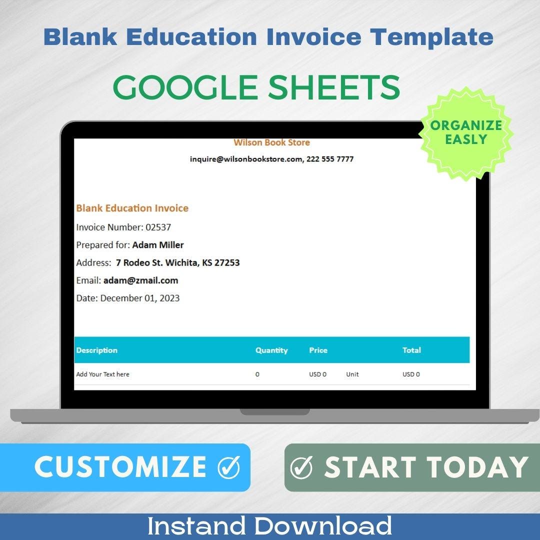 Blank Education Invoice Template, Editable and Easy to Use, Digital ...