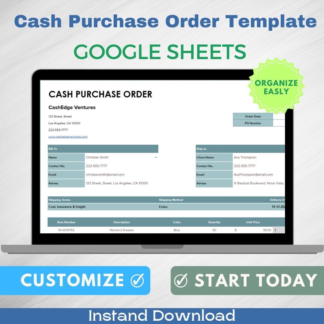 Cash Purchase Order Template,google Sheets for Small Business Owners ...