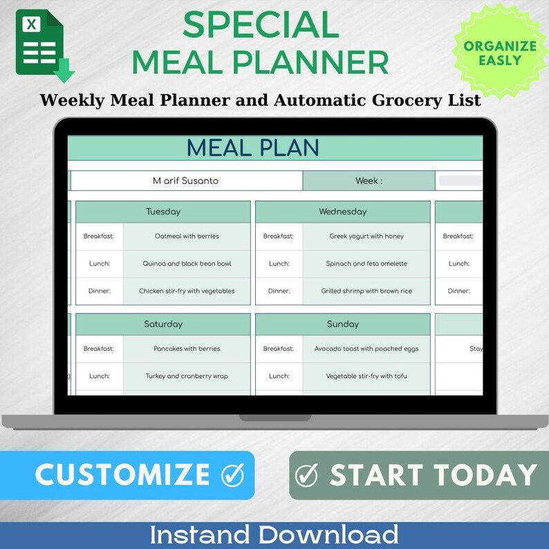 Special Meal Planner & Grocery List Google Sheets Bundle, Organized ...