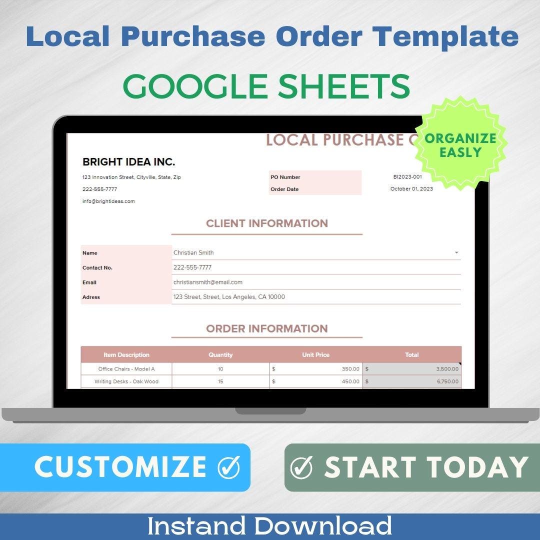 Local Purchase Order Template - Editable Google Sheets for Small ...