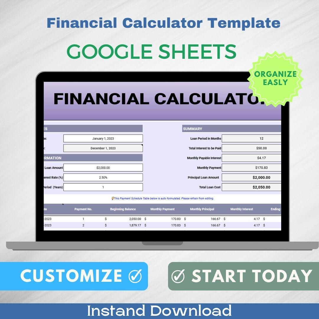 Financial Calculator Template, Editable Google Sheets, Digital Download ...