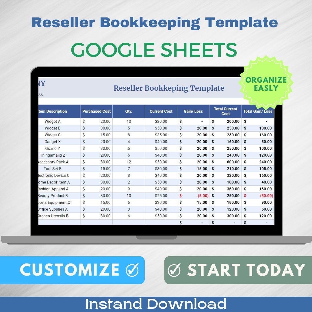 Reseller Bookkeeping Template - Simple & Editable Google Sheets for ...