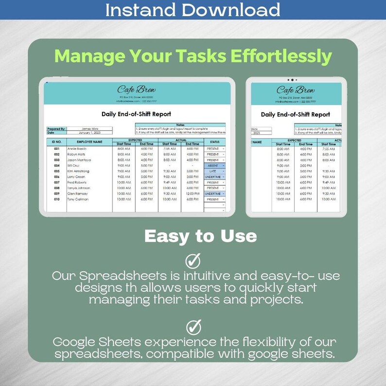 Daily End of Shift Report Template, Editable Google Sheets, Digital ...