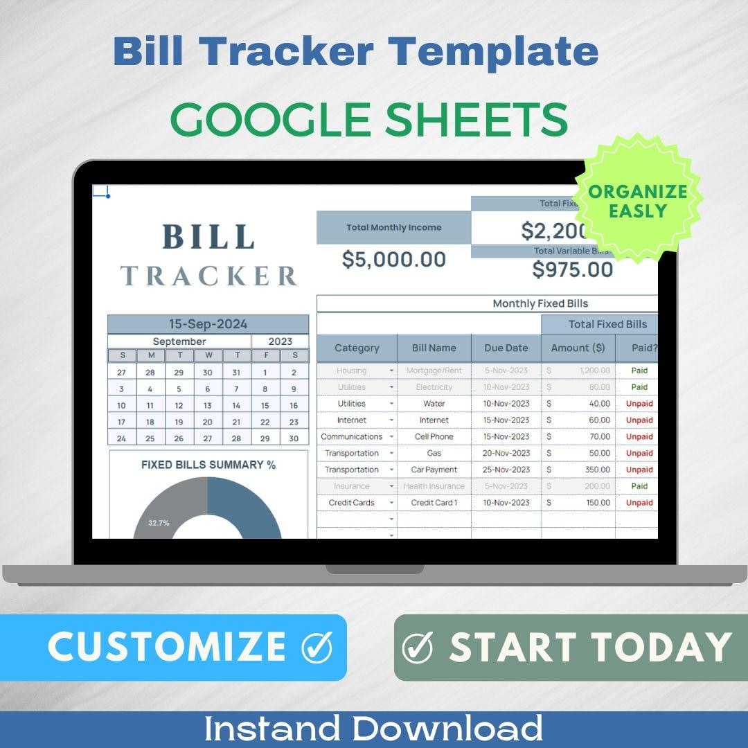 Bill Tracker Template, Google Sheets Expense Tracker,monthly Budget ...