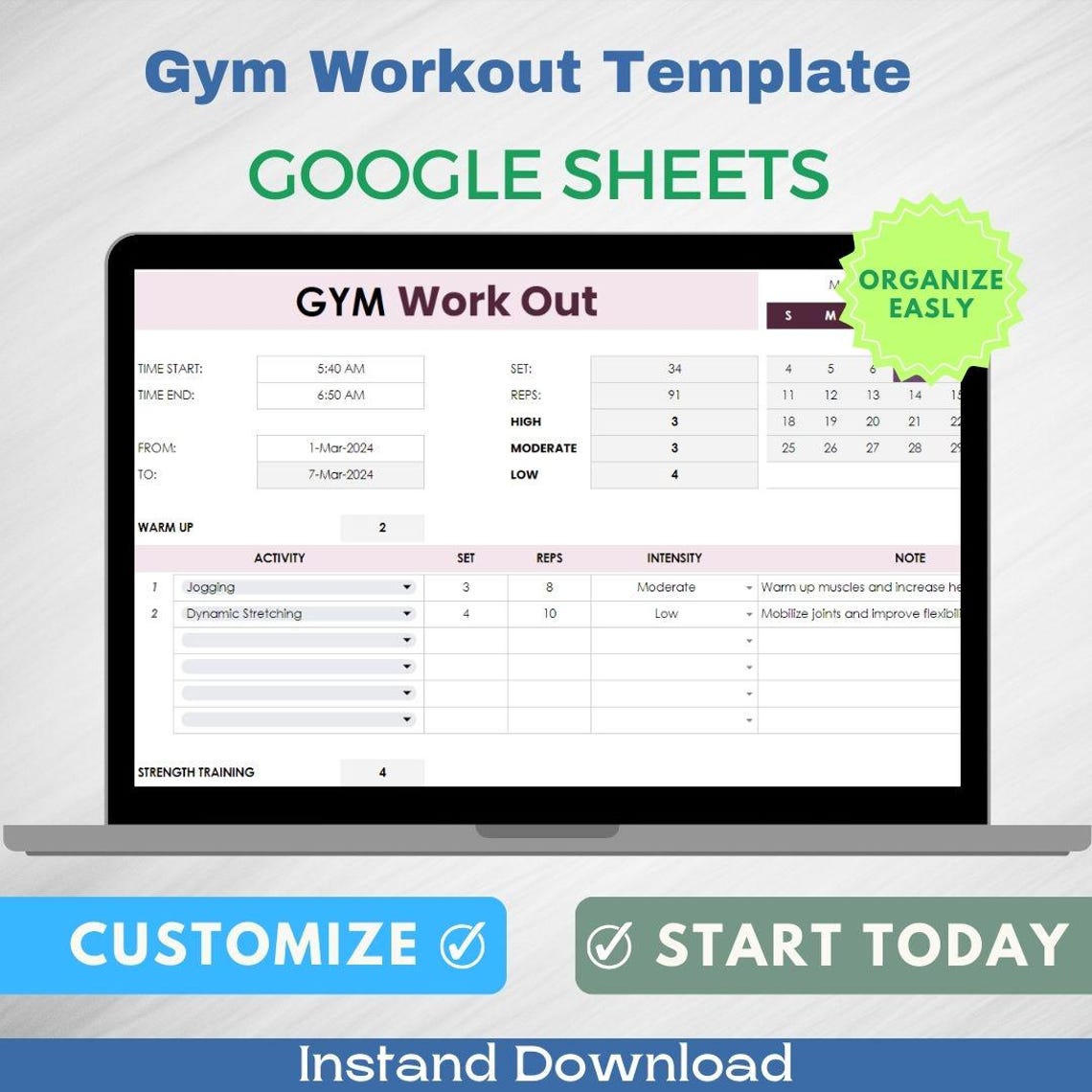 Gym Workout Template, Google Sheets Fitness Planner,exercise Log for ...