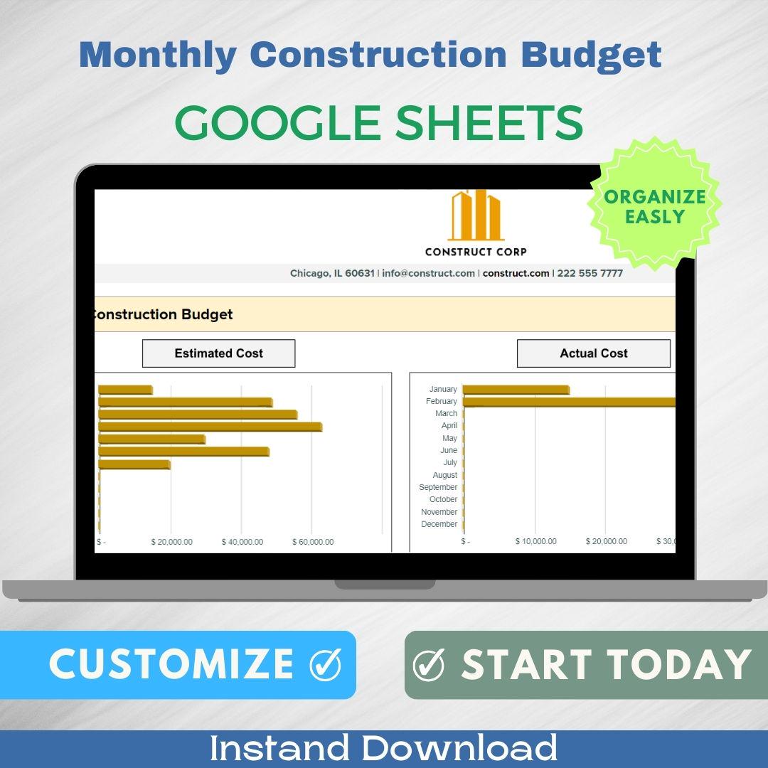 Monthly Construction Budget Template Editable Excel Spreadsheet for ...