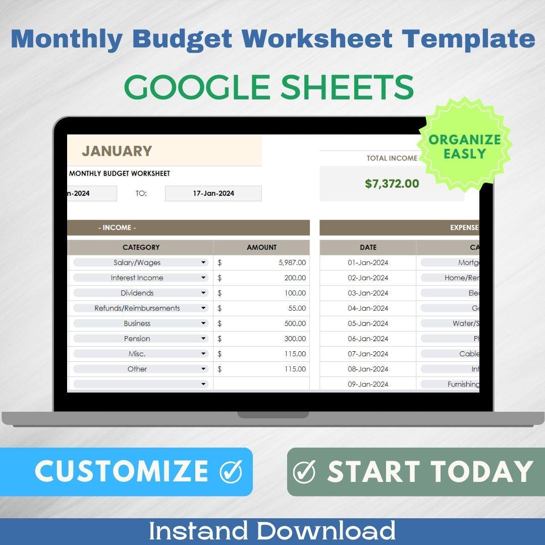 Monthly Budget Worksheet Template - Editable Financial Planning ...