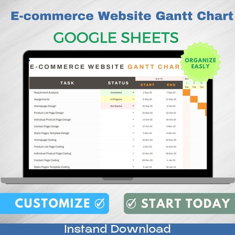 E-commerce Website Gantt Chart Template - Editable Google Sheets for ...