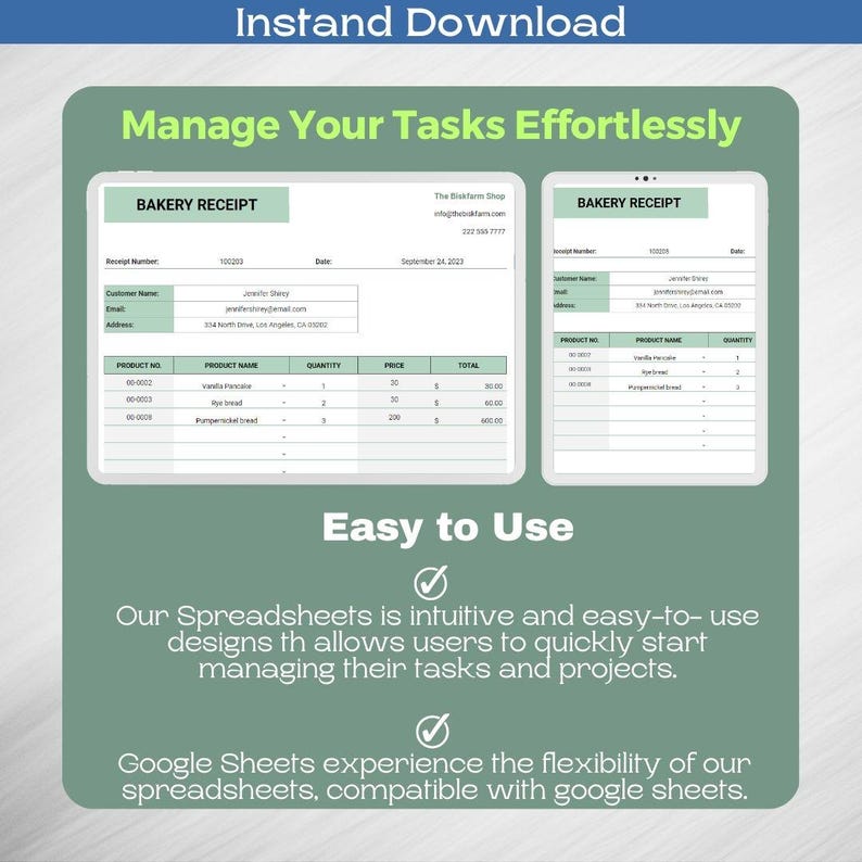 Bakery Receipt Template, Editable Google Sheets, Digital Download, Easy ...