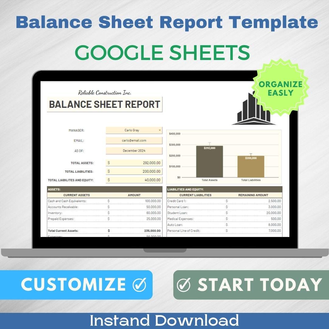 Balance Sheet Report Template - Editable Google Sheets for Financial ...